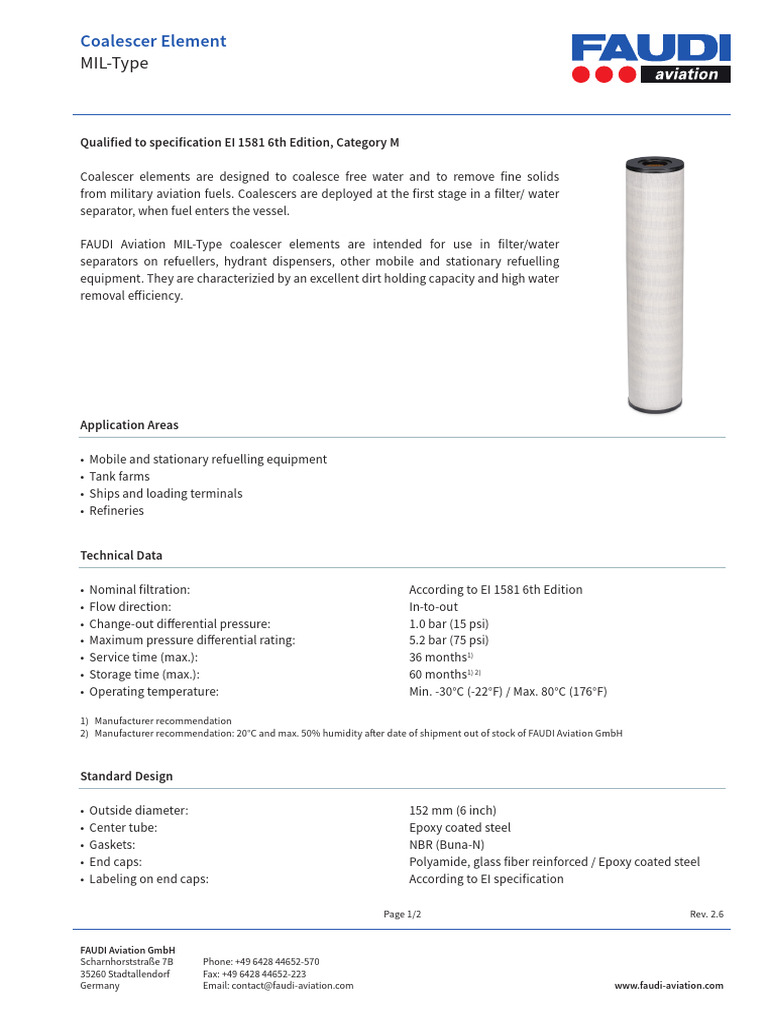 DS - MIL-Type-Coalescer - Rev.2.6 - EN - Coalescer Element FAUDI | PDF