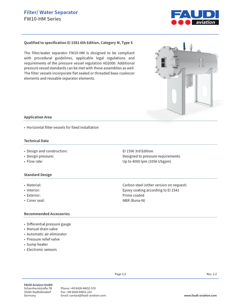 FW10-HM Filter Water Separator Specs | PDF | Equipment