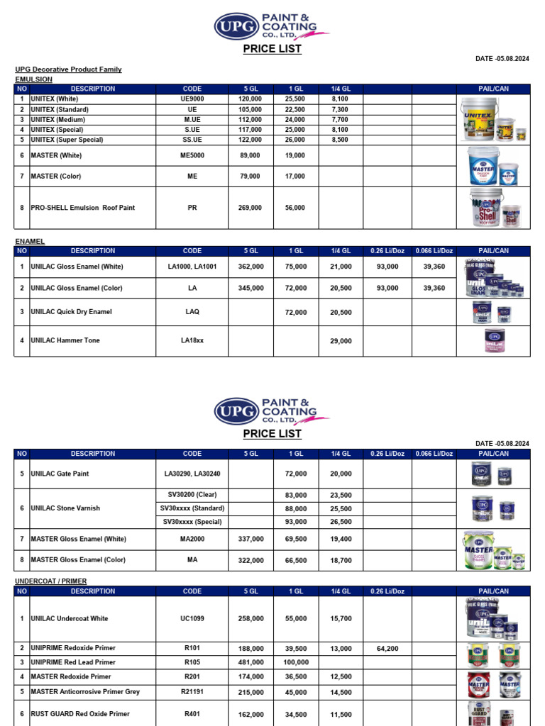 2024 - 08 - 05 - Price List | PDF | Paint | Epoxy