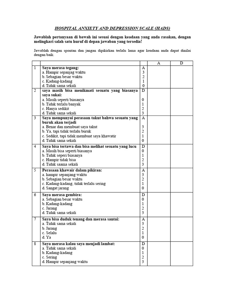 HOSPITAL ANXIETY AND DEPRESSION SCALE | PDF