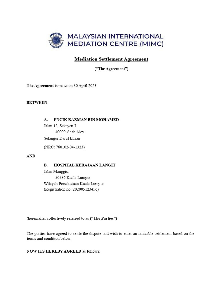 Mediation Settlement Agreement | PDF | Mediation | Arbitration