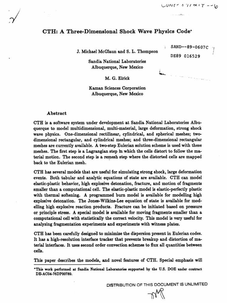 CTH A Three-Dimensional Shock Wave Physics Code (1989) | PDF | Stress (Mechanics) | Momentum