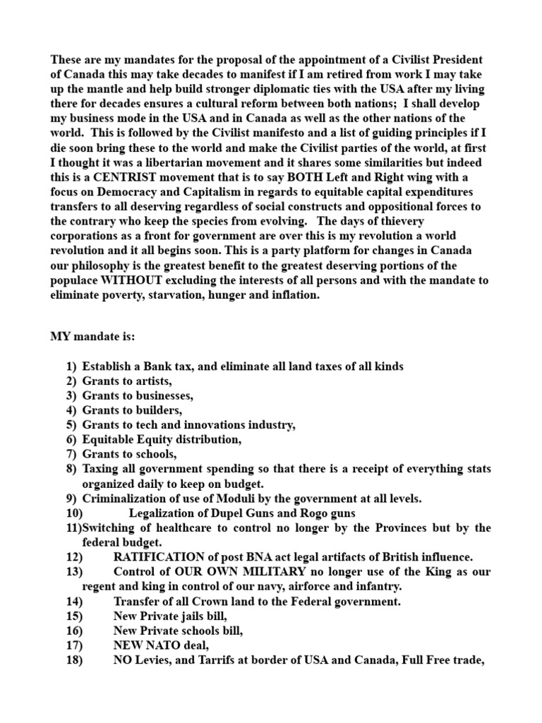 Civilist President Proposal for Canada | PDF | Taxes | Poverty