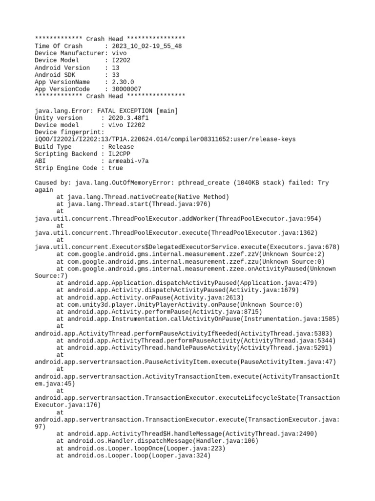 Vivo I2202 Crash Report: OutOfMemoryError | PDF | Android (Operating System) | Mobile App