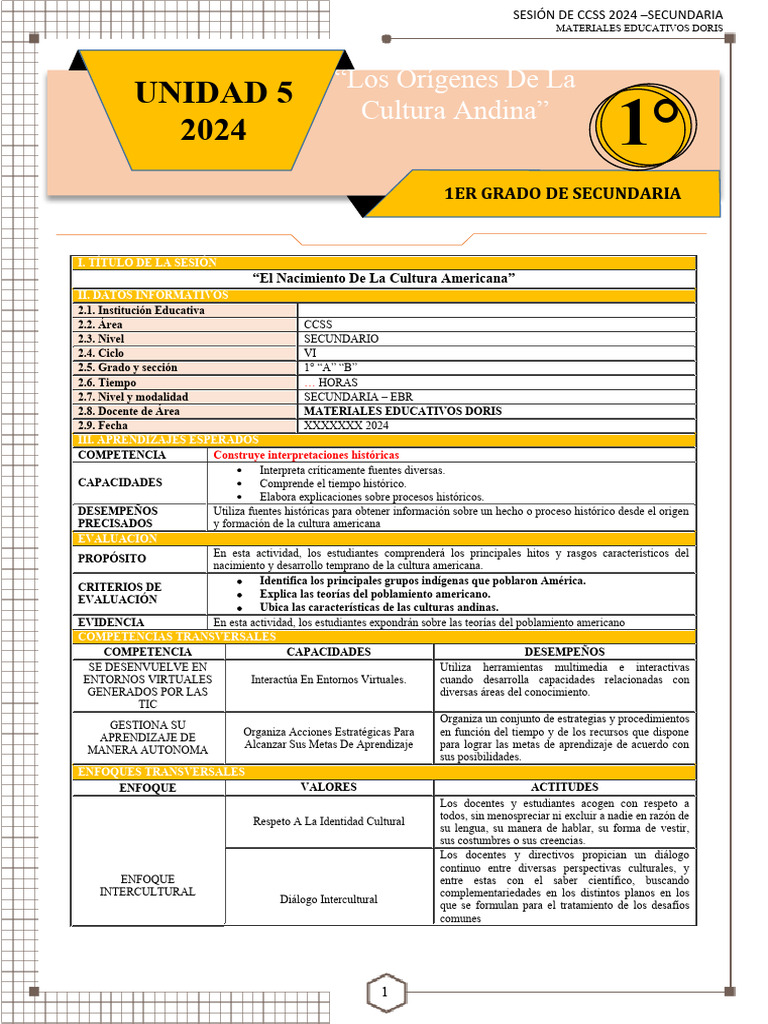 1º Sesiones Sem 1 Uni 5 - Ccss 2024 | PDF | Enseñando | Aprendizaje