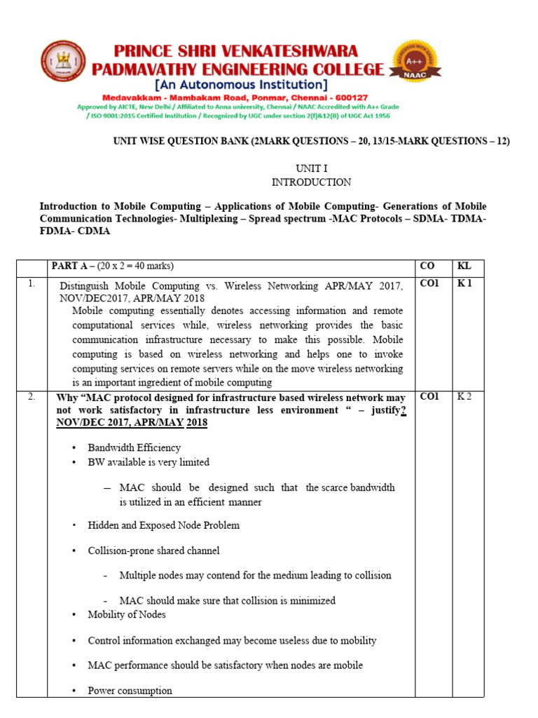 Unit Wise Question Bank | PDF | Channel Access Method | Wireless Ad Hoc Network