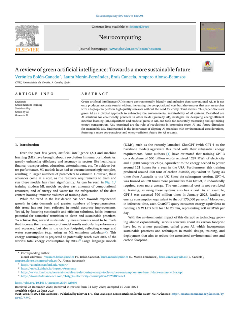 01 A review of green artificial intelligence Towards a more sustainable future | PDF ...