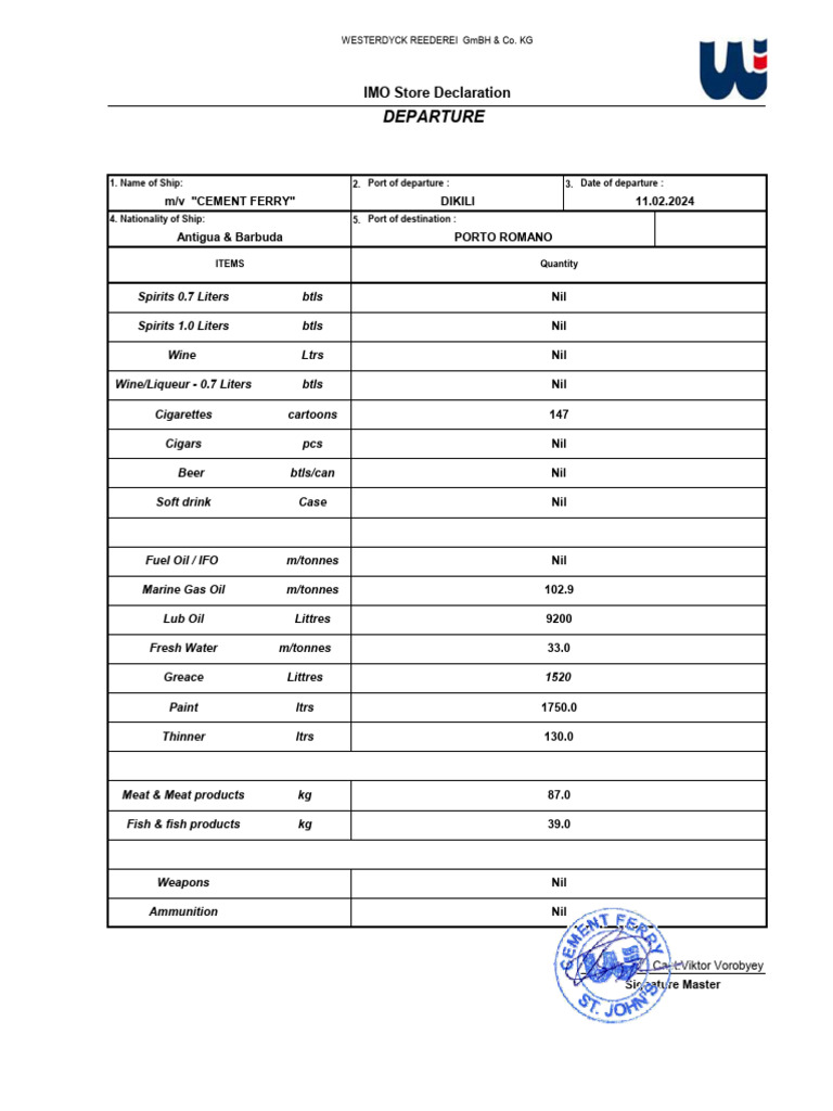 Ship's Store Declaration - Dep.11.02.2024, MV Cement Ferry | PDF