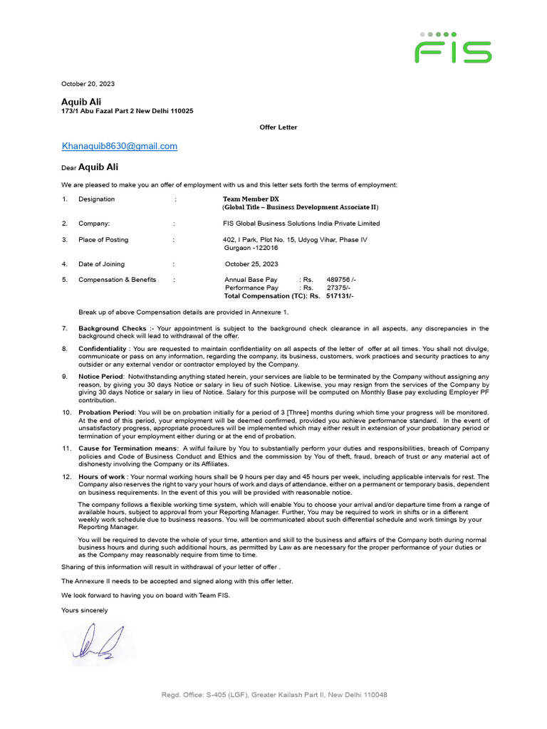 FIS Global Offer Letter for Aquib Ali | PDF | Insurance | Life Insurance