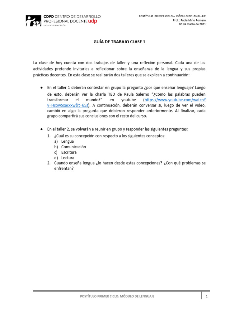 Guía de Trabajo Clase 1 | PDF | Artes del Lenguaje y Comunicación
