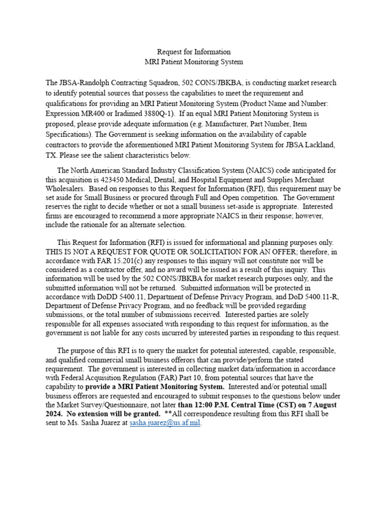 RFI Memo Sources Sought For MRI Patient Monitoring System | PDF | Alternating Current | Request ...