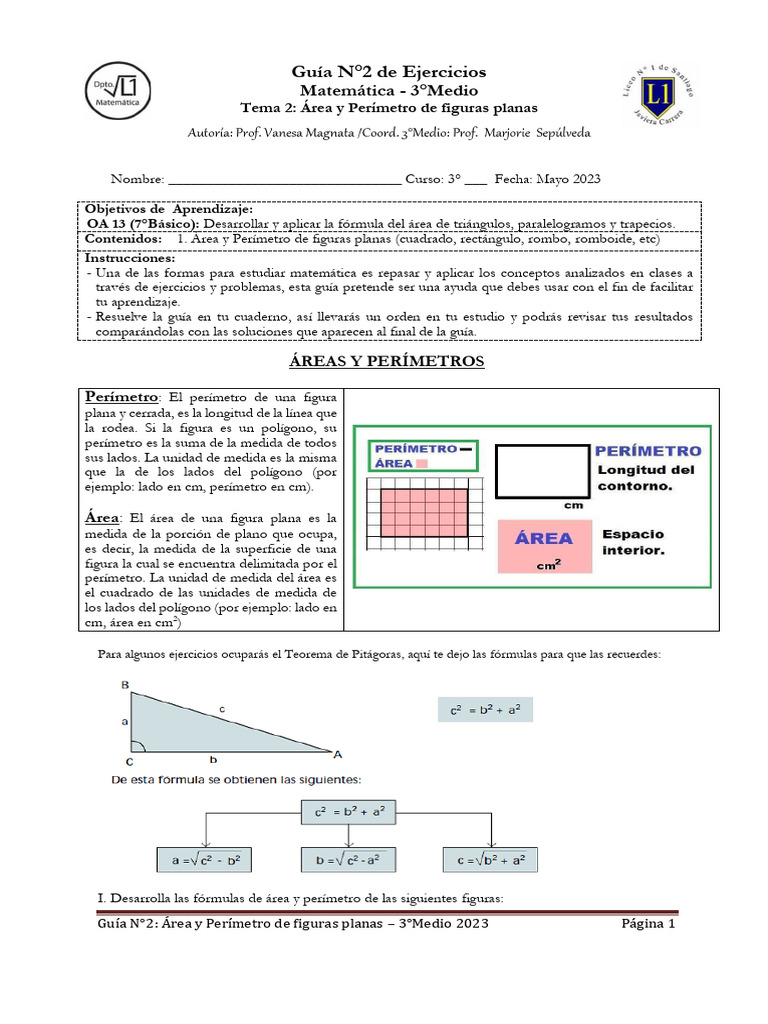 Guía 3° Área y Perímetro de Figuras | PDF | Triángulo | Rectángulo