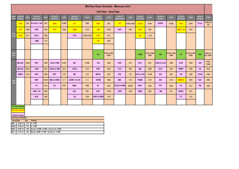 Mid Sem Exam Schedule Monsoon 2019 | PDF