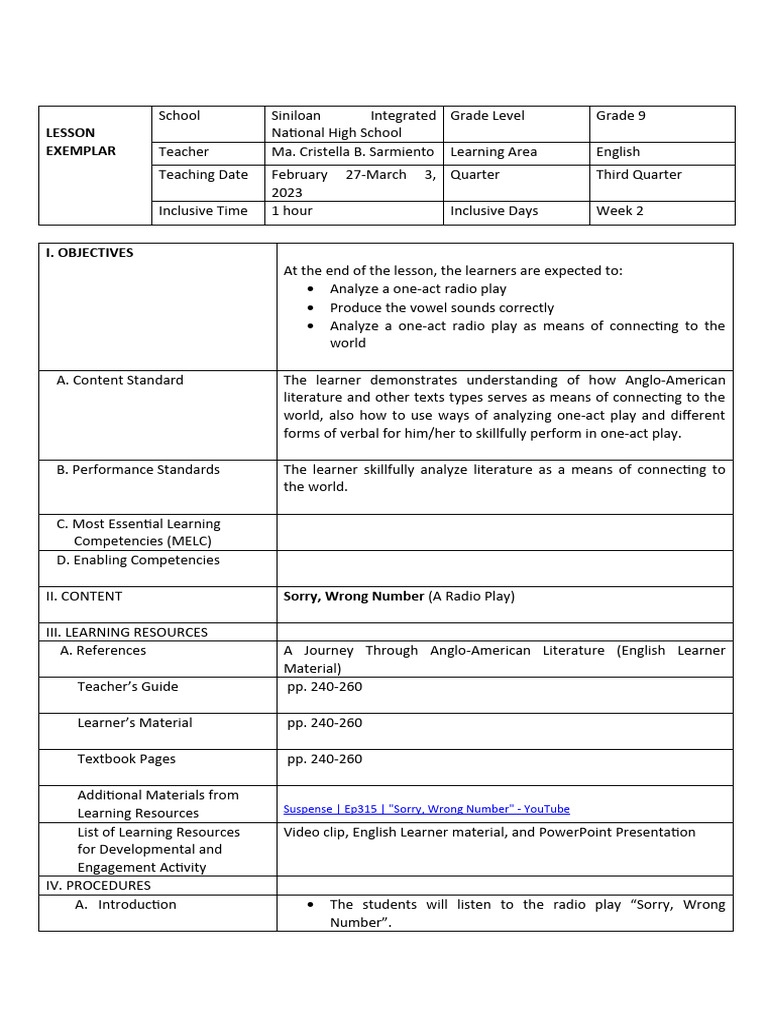 Lesson-Plan - Week-2 (Sorry, Wrong Number) | PDF | Learning | English ...
