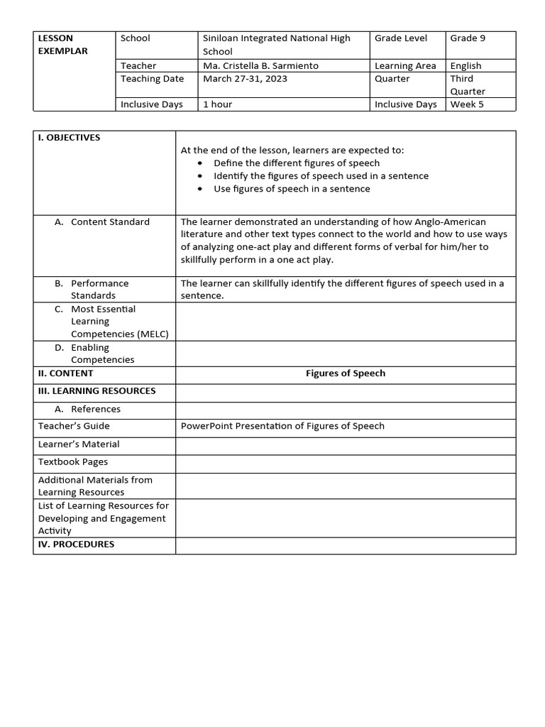 Lesson-Plan - Week-5 (Figures of Speech) | PDF | Learning | Teachers