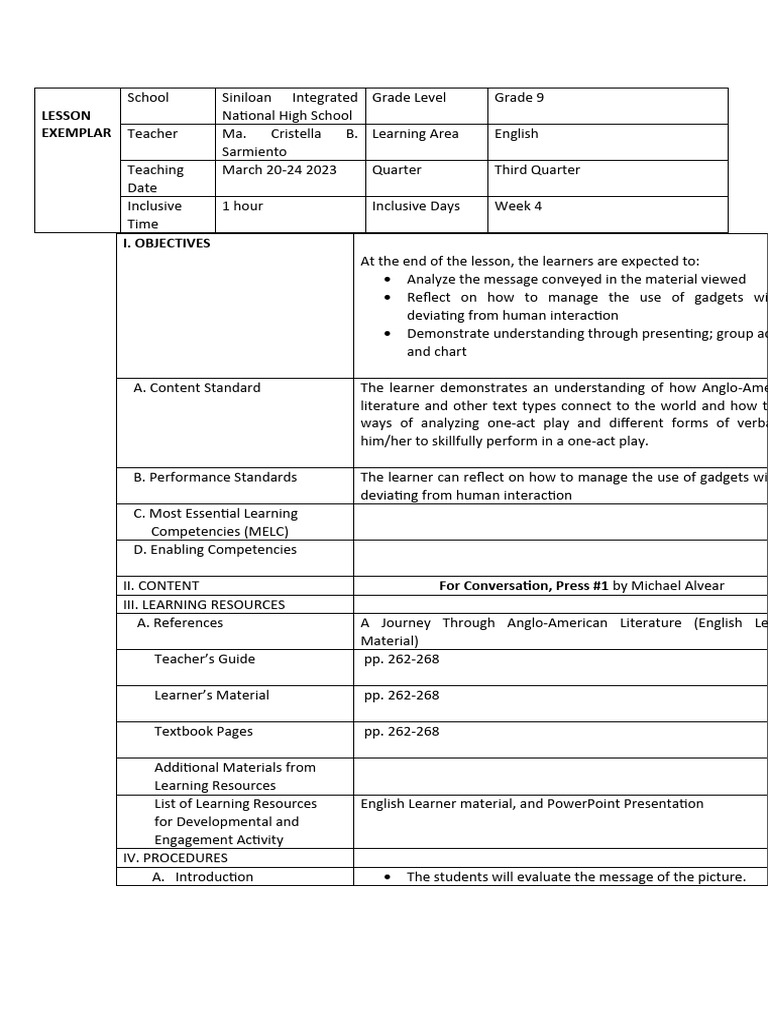 Grade 9 English Lesson on Gadget Use | PDF | Learning | Cognition
