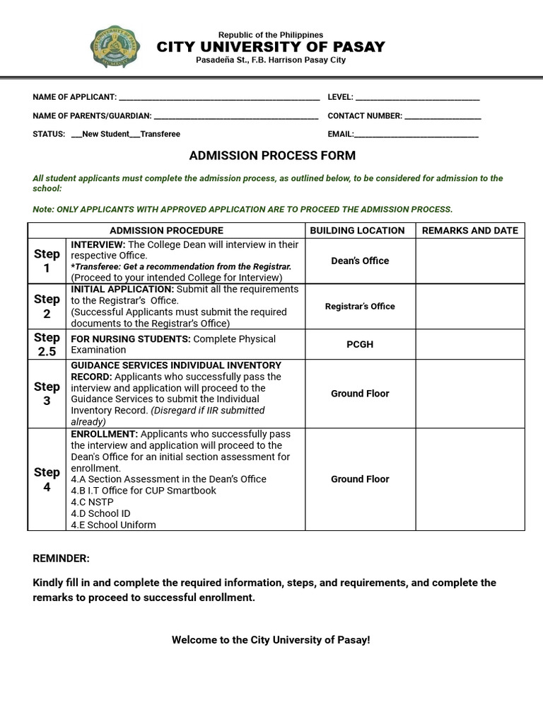 _NEW STUDENT _ TRANSFEREE ADMISSION PROCESS FORM.docx | PDF