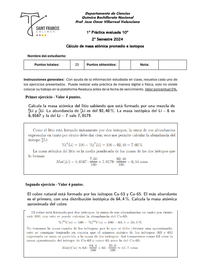 1° Práctica evaluada- Masa atómica promedio - 10° Nivel - Solución | PDF