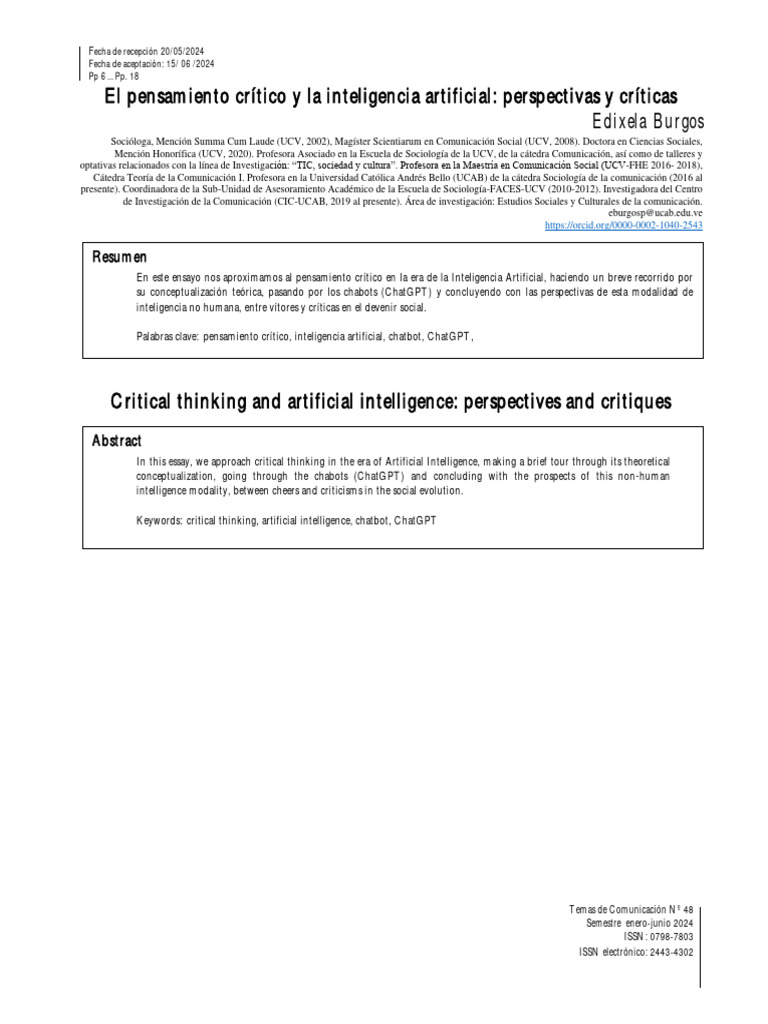 Pensamiento Crítico y IA: Críticas y Perspectivas | PDF | Inteligencia ...