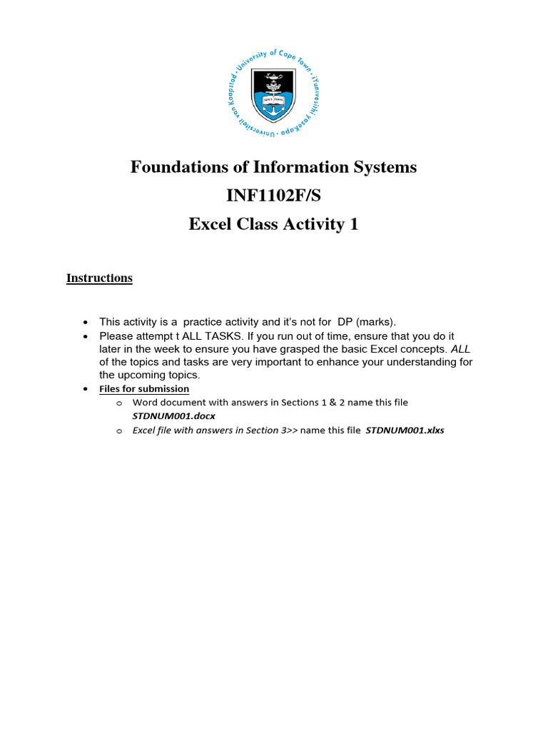 Excel Basics for INF1102F Class Activity | PDF | Microsoft Excel ...