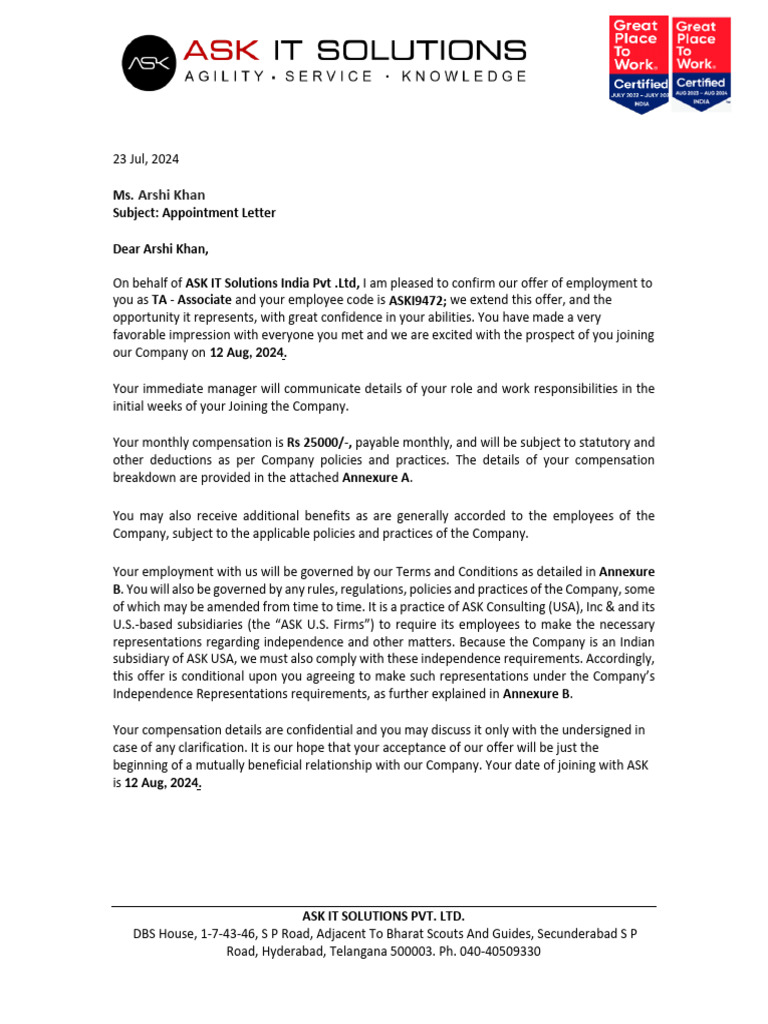 Appointment Letter - Arshi Khan | PDF | Employment | Government Finances