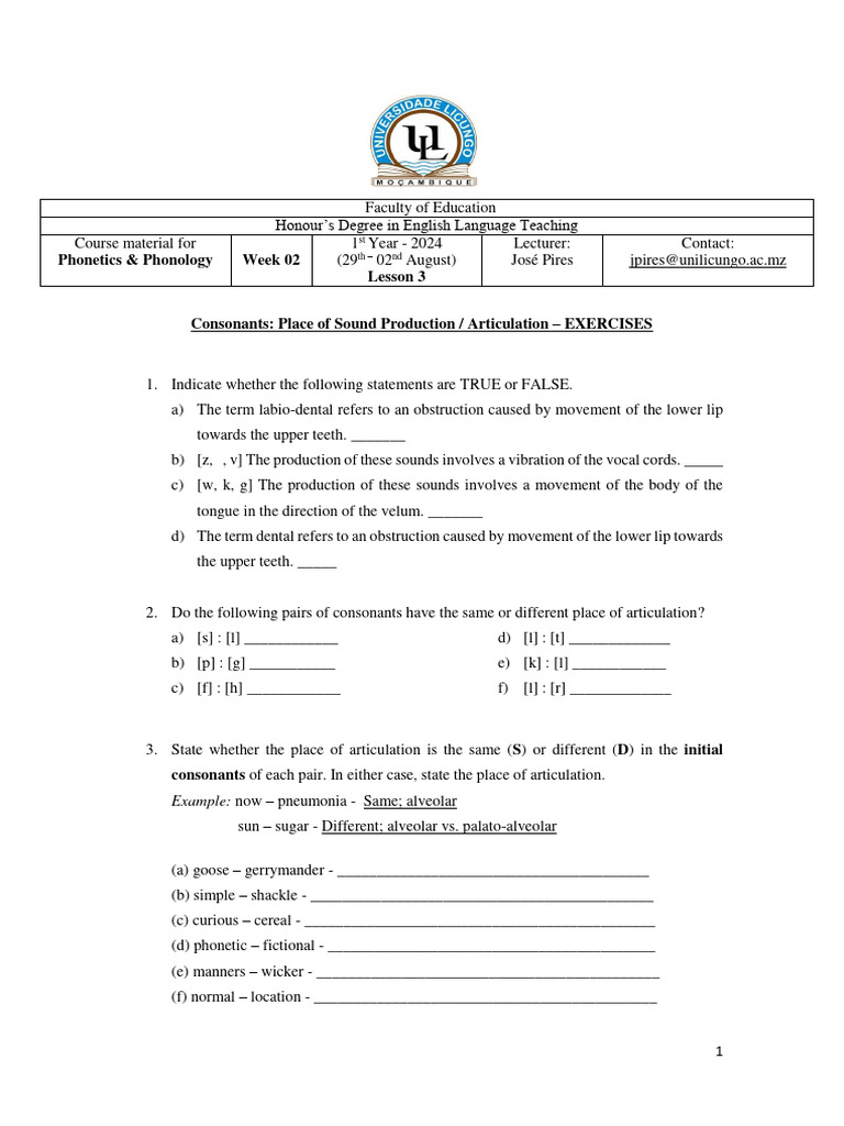 Consonants: Place of Articulation Exercises | PDF | Phonetics | Human Voice