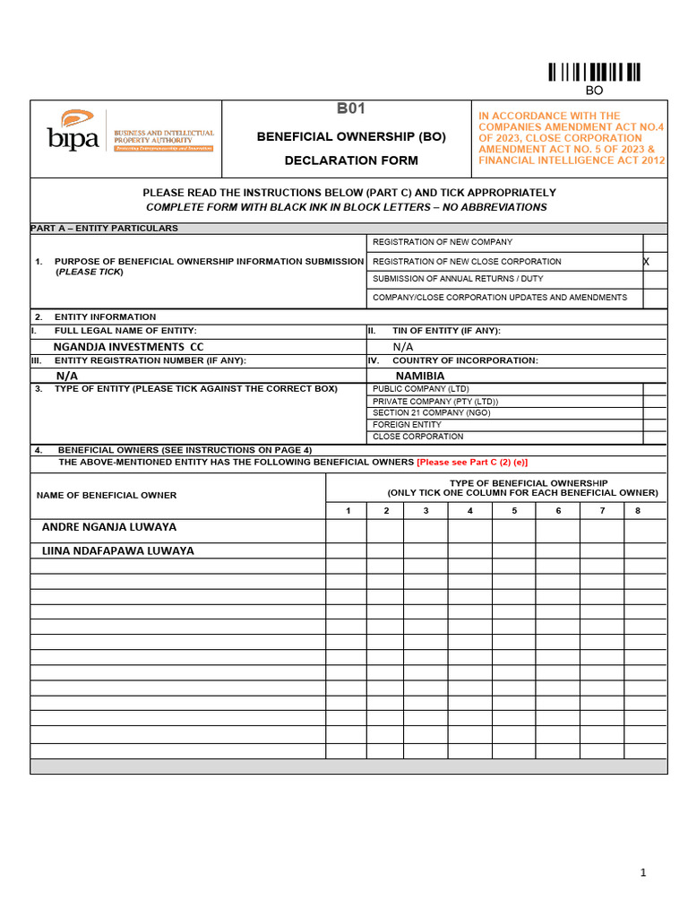 Beneficial Ownership Declaration Form - Bo1 Nganja Investments CC | PDF | Corporations | Companies