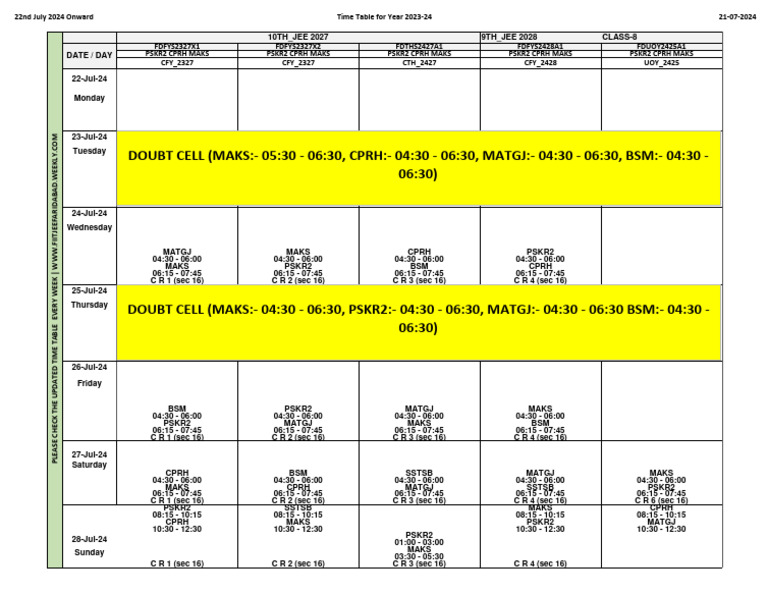 Time Table 22nd July To 28th July 2024 - Class-8!9!10 | PDF