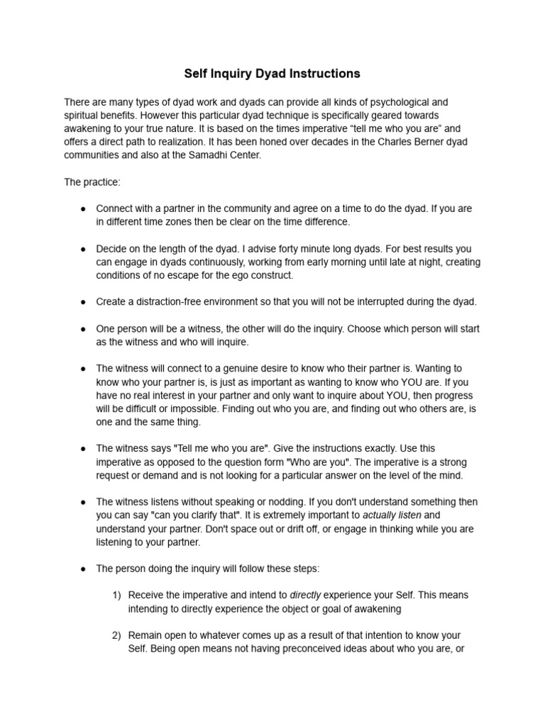 Dyad Technique For Self Inquiry Pdf Mind Feeling