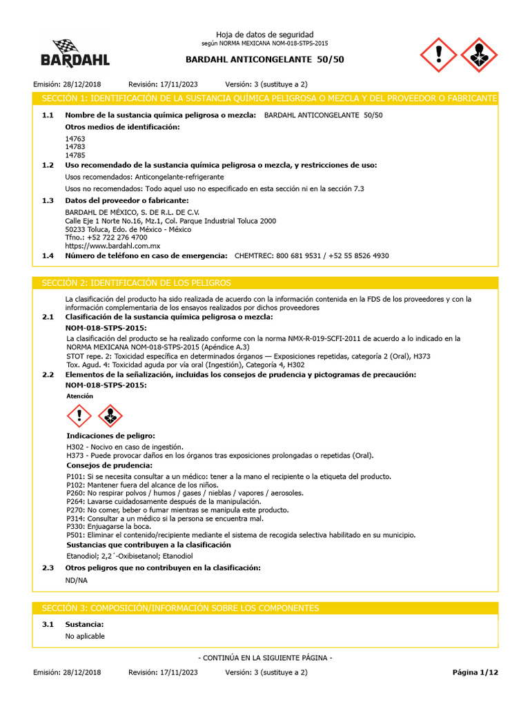 Hoja Seguridad Anticongelante 50-50 | PDF | Residuos | Toxicología
