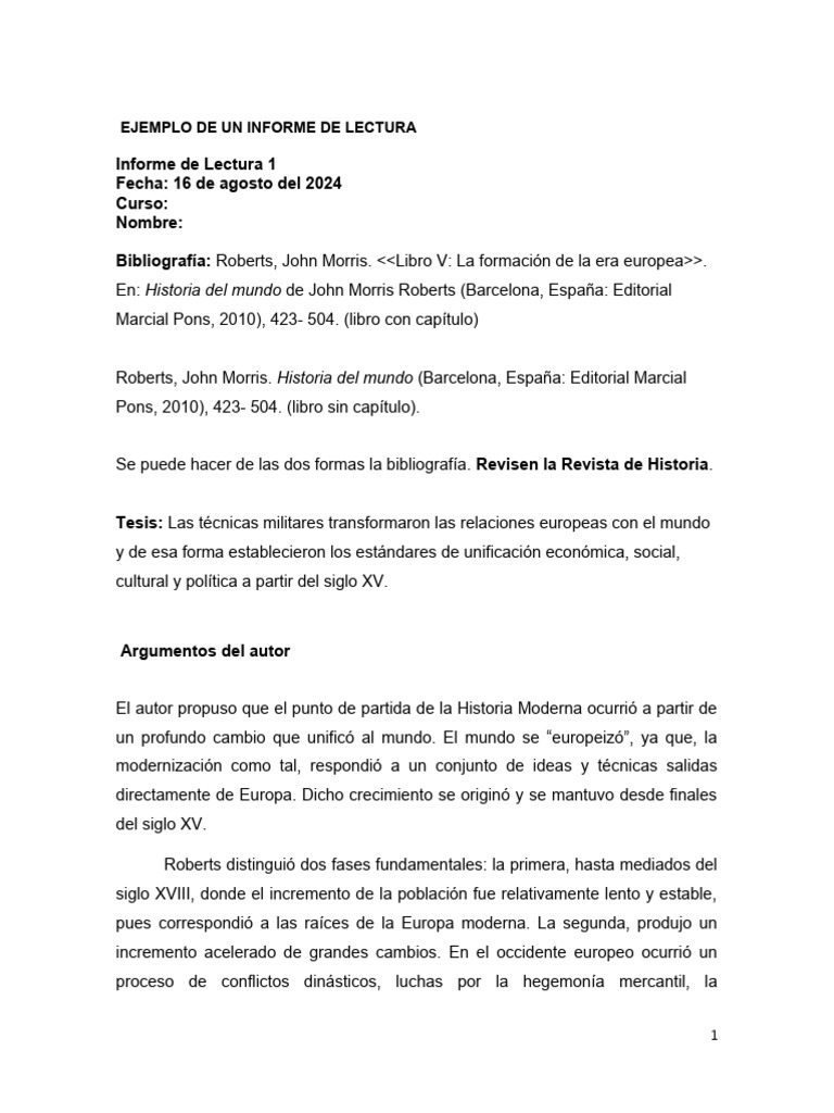Ejemplo De Un Informe De Lectura Pdf Período Moderno Temprano España 2116
