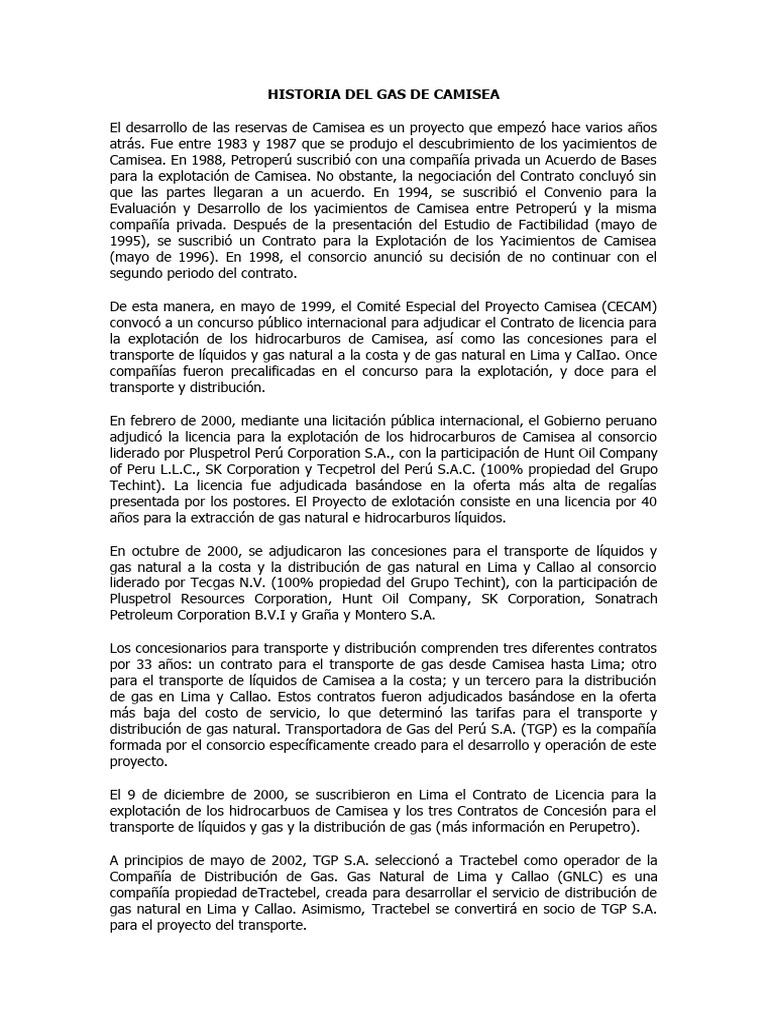 Historia del Proyecto Camisea en Perú | PDF