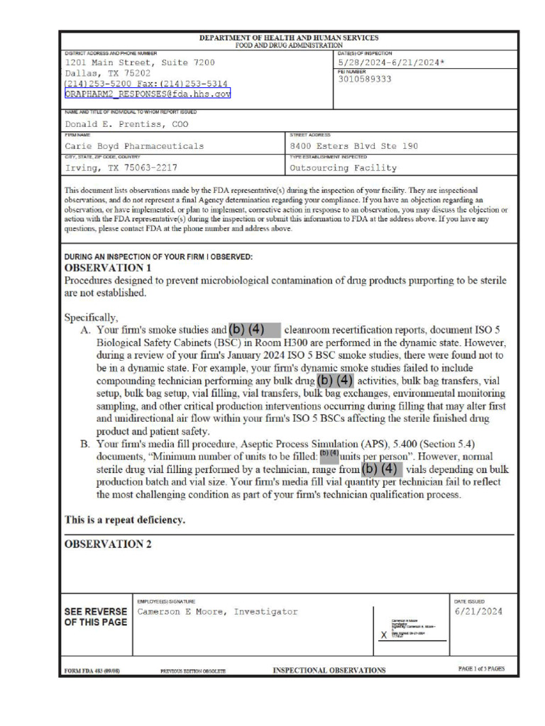 Carie Boyd Pharmaceutical 3010589333 Fda483 06-21-2024 Redacted.508 ...