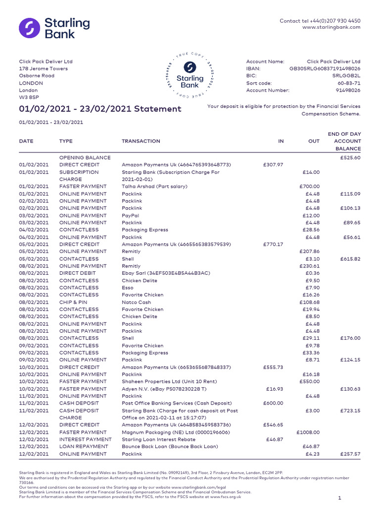 February 2021 Starling Bank Statement | PDF | Payments | Services ...