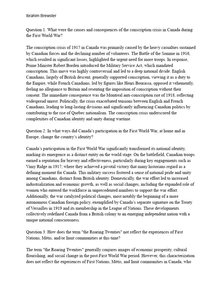 Question 1 - What Were The Causes and Consequences of The Conscription ...