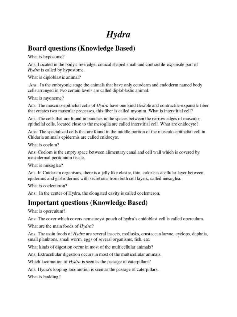Hydra Biology Study Guide | PDF | Biology | Zoology