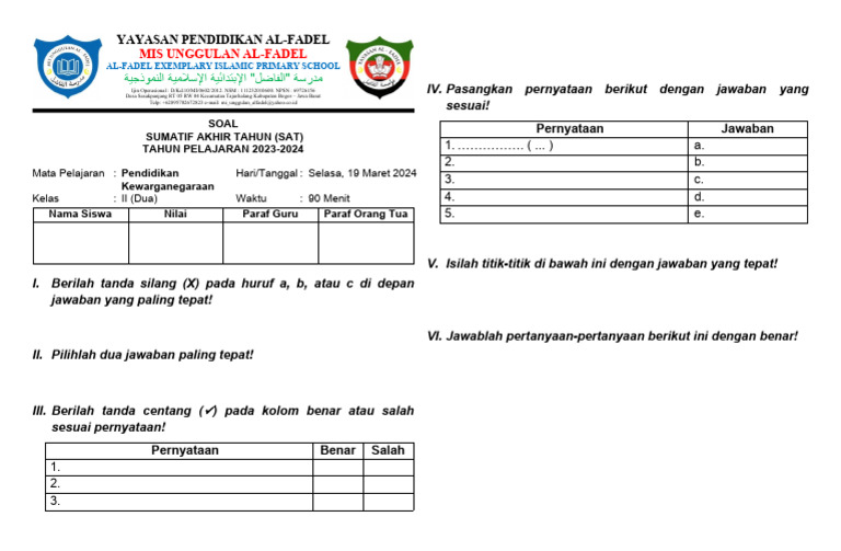 KOP SOAL PTS Genap 2023 2024 Kelas I & II | PDF