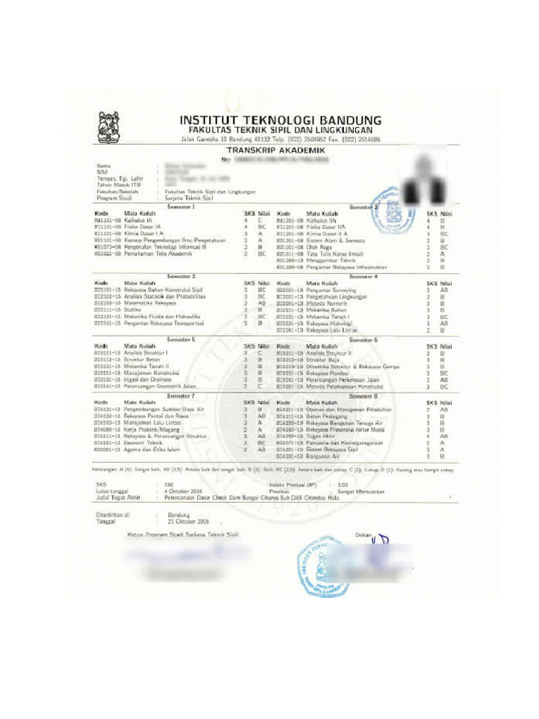 Transkrip Teknik Sipil ITB | PDF