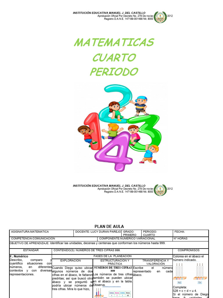 Plan de Aula Matematica Cuarto Periodo | PDF | Sustracción | Aprendizaje