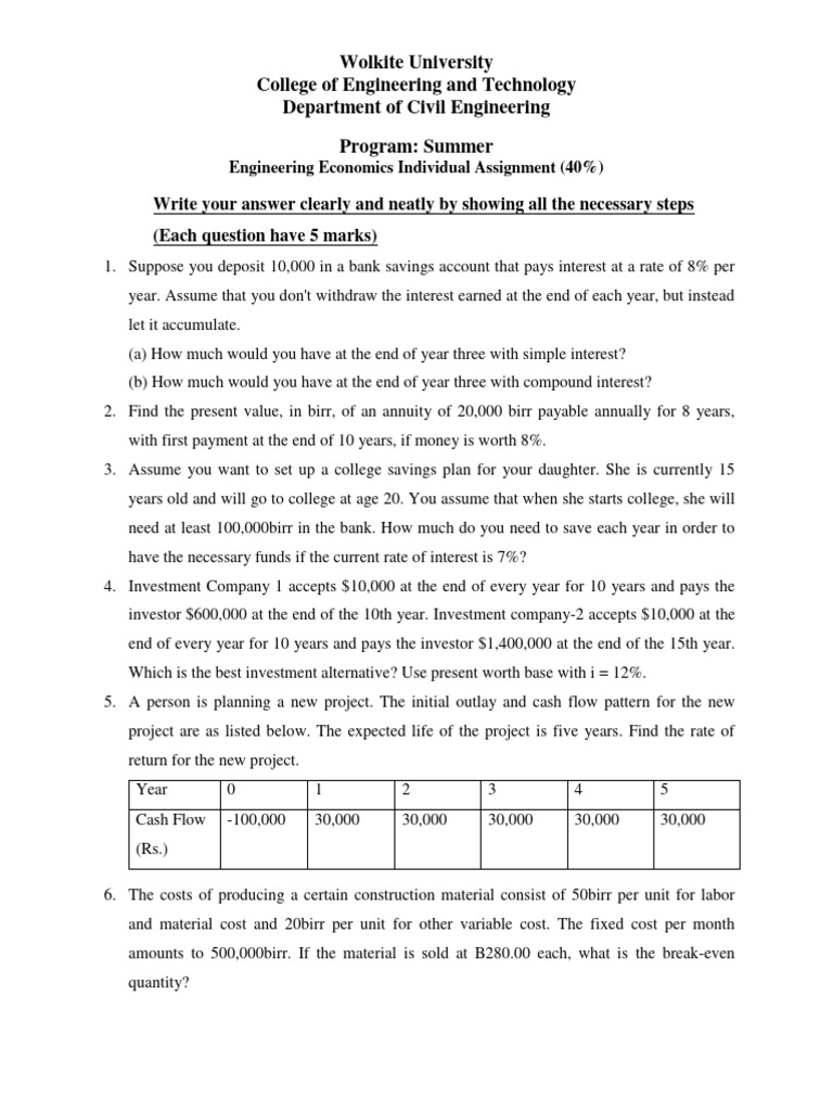 Engineering Econ Assignment -1 | PDF | Interest | Private Sector