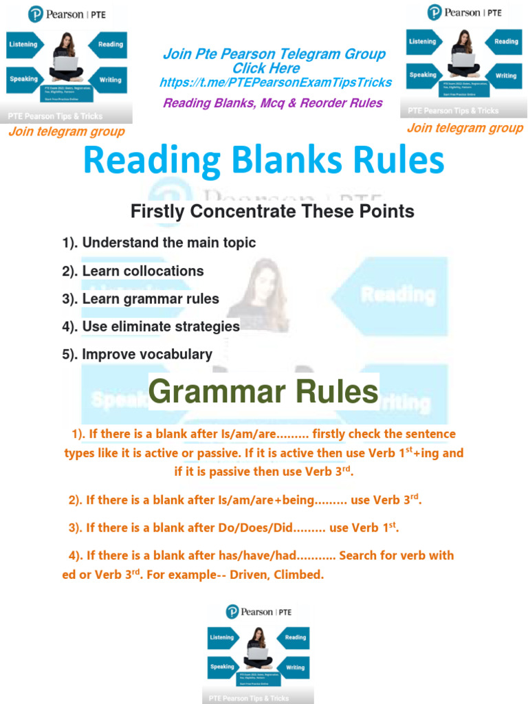 Reading Blanks Rules, Reorder & MCQ Rules For 90 Marks | PDF | Verb | Noun Reading Blanks Rules, Reorder & MCQ Rules For 90 Marks | PDF | Verb | Noun