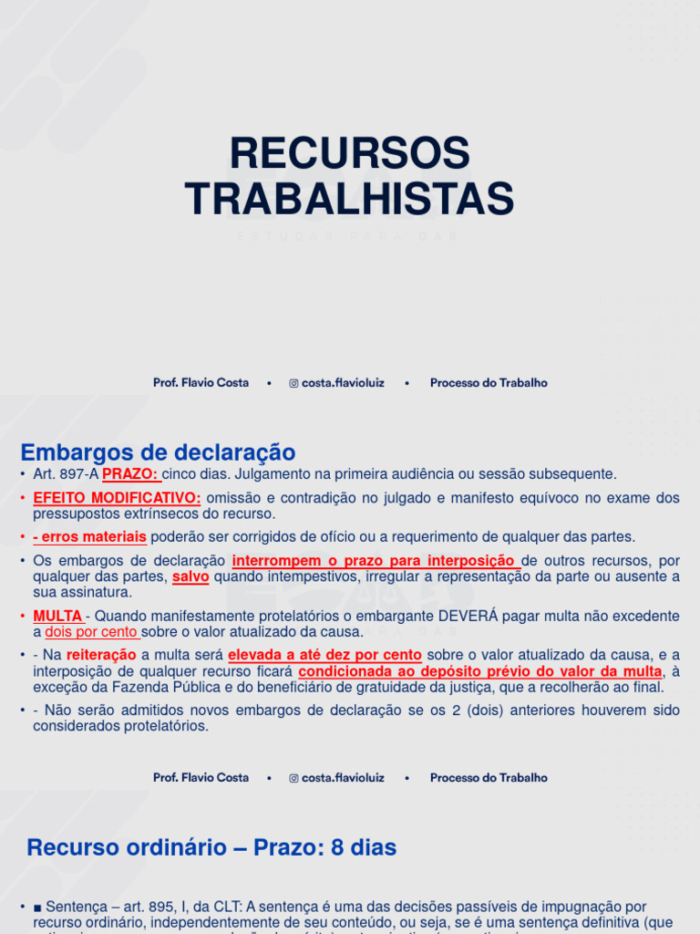 Estudar para OAB - 90 dias - Processo do Trabalho - Recursos Trabalhistas em espécie | PDF ...