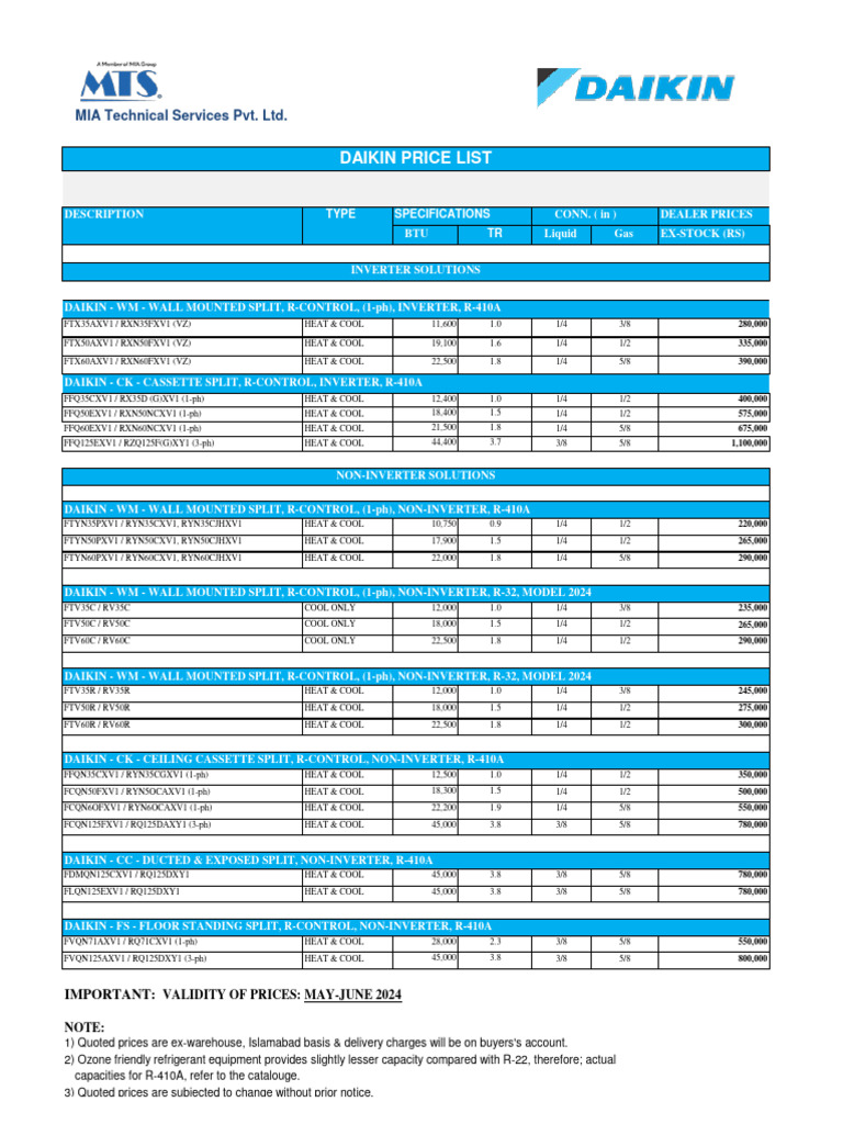 Daikin Price List-May-June-2024 | PDF | Thermodynamics | Heat Transfer