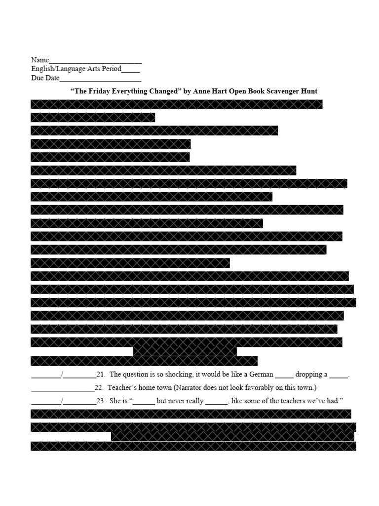 "The Friday Everything Changed" by Anne Hart Open Book Scavenger Hunt | PDF