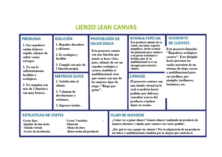 Lienzo Lean Canvas (Ejemplo Único) | PDF | Economias | Business