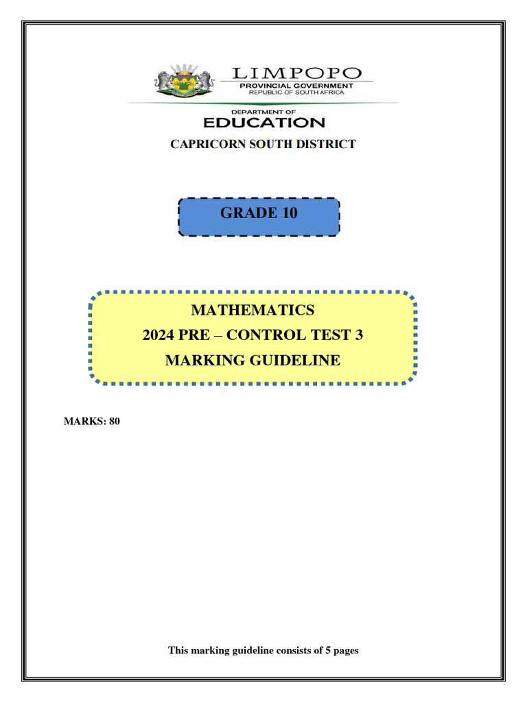 PRE-CONTROL TEST 3 GRADE 10 MARKING GUIDELINE | PDF