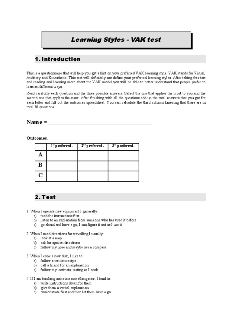 VAK Test | PDF | Learning Styles