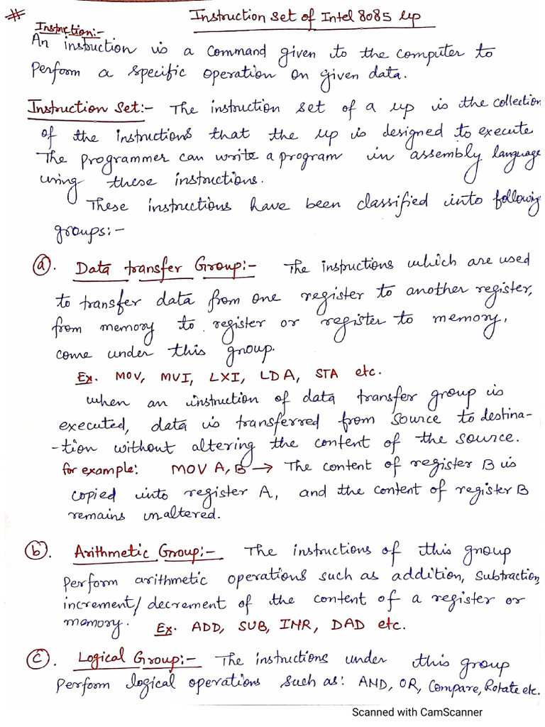 Notes - Instruction Set, Addressing Modes in 8085 | PDF