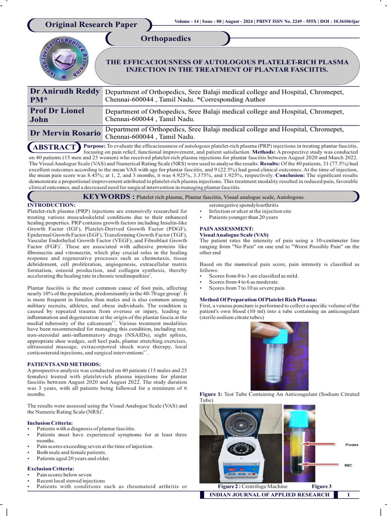 The Efficaciousness of Autologous Plateletrich Plasma Injection in The ...