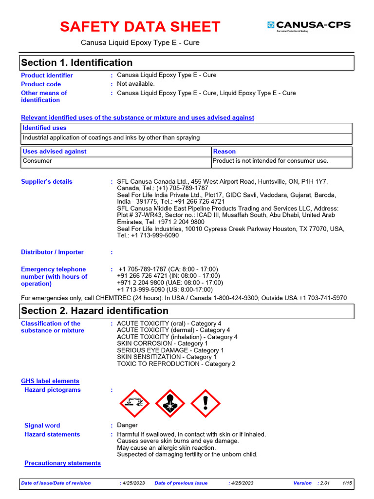 MSDS Canusa Liquid Epoxy Type E - Cure & Base | PDF | Toxicity ...